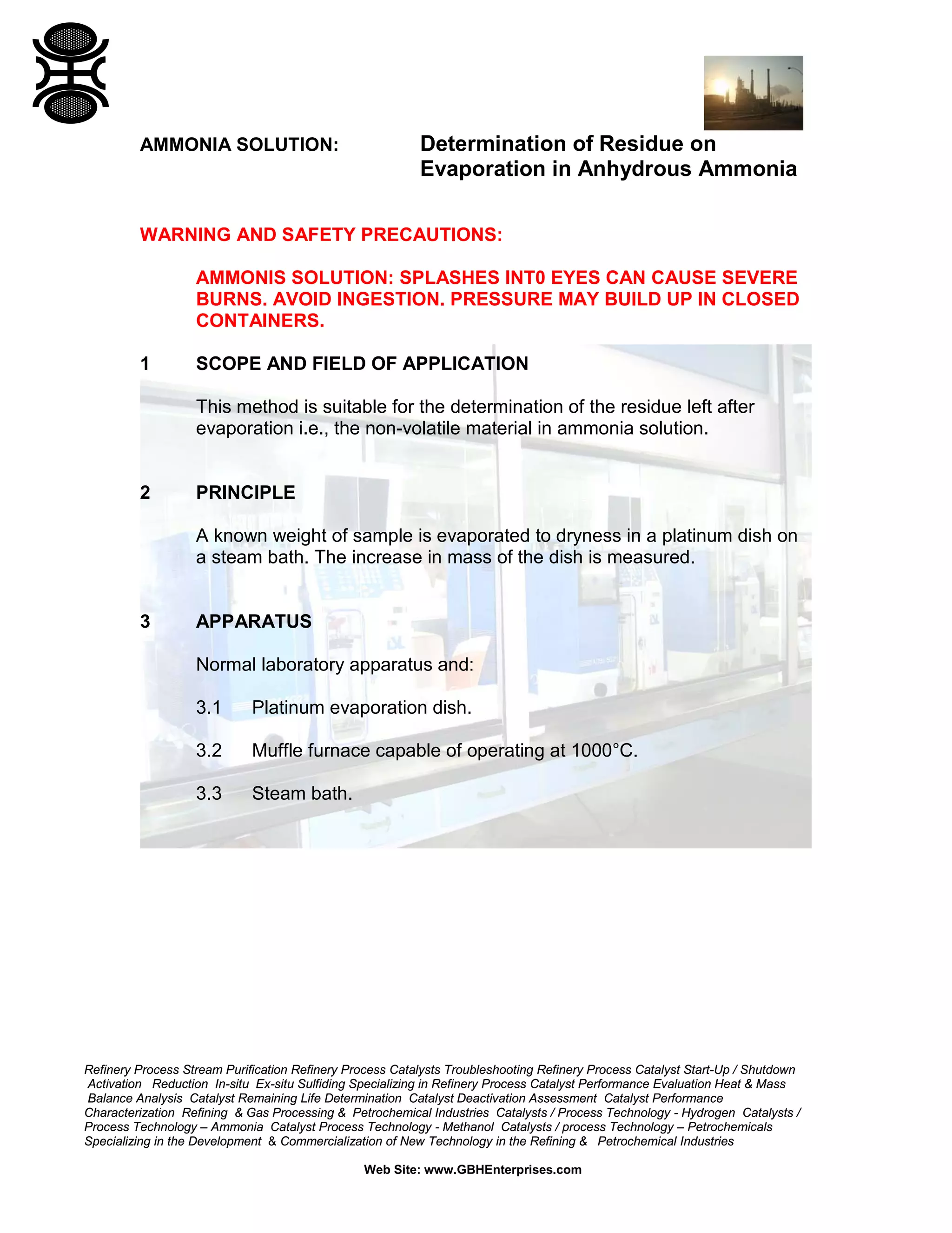Determination of Residue on Evaporation in Anhydrous Ammonia | PDF