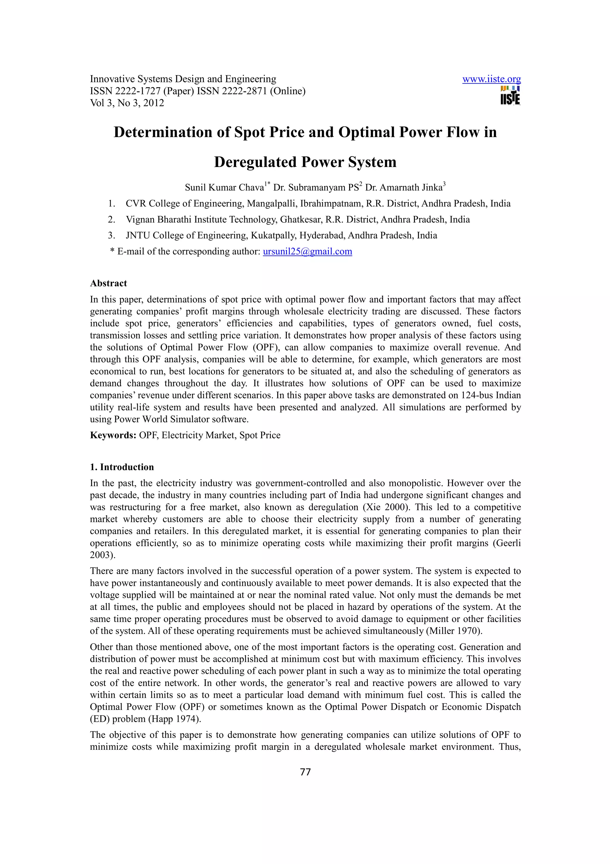 Determination of spot price and optimal power flow in | PDF | Gas and ...