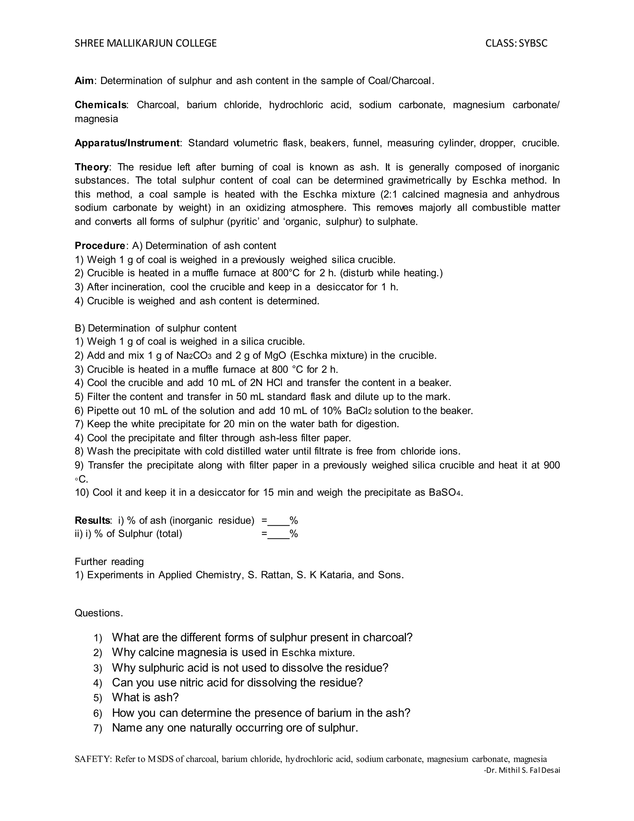 Determination of sulphur and ash content in the sample of coal charcoa ...