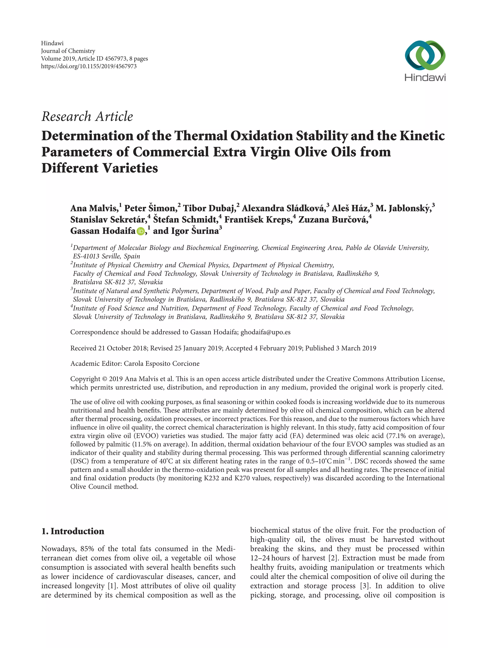 Determination of the Thermal Oxidation Stability and the Kinetic ...