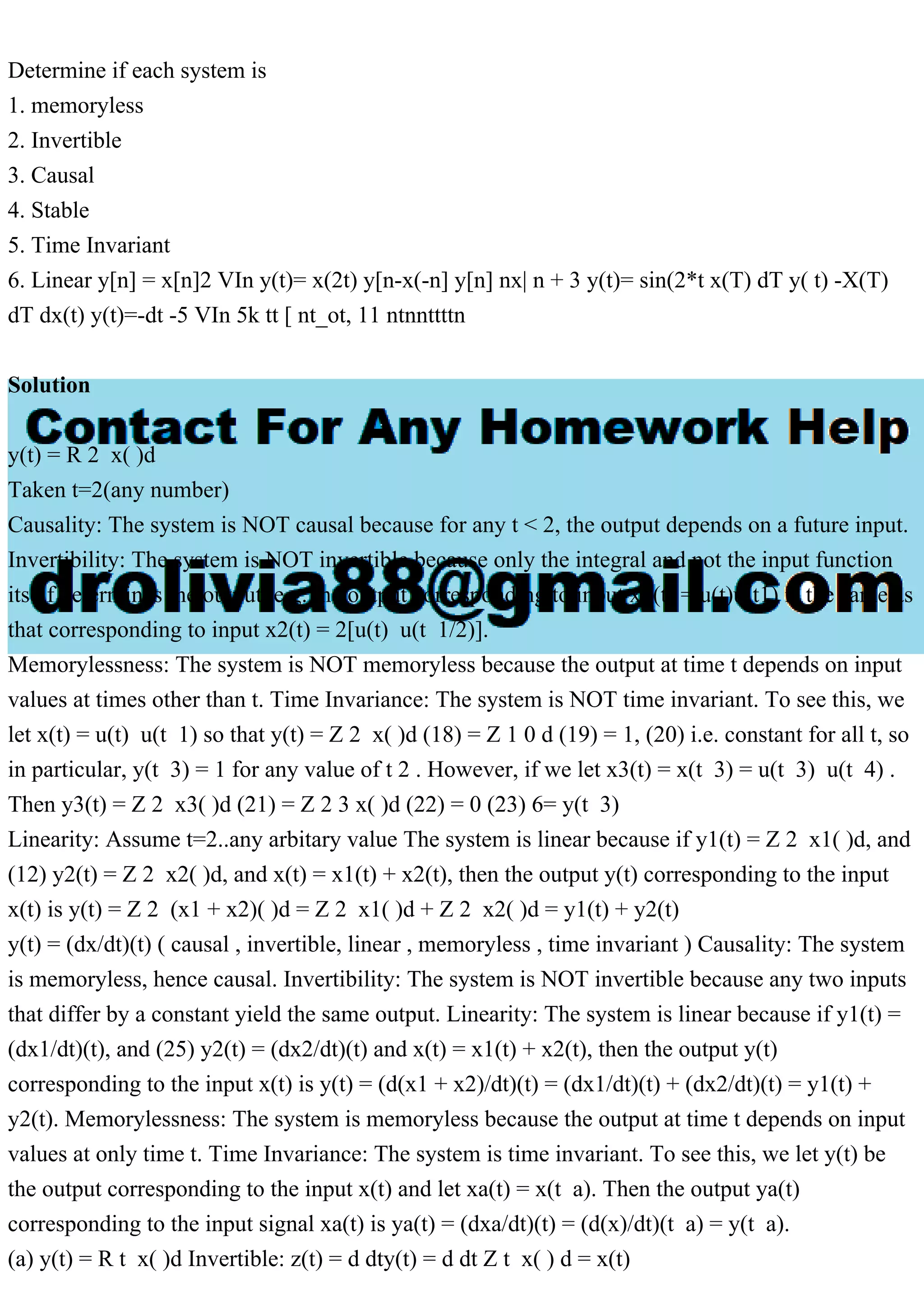 Determine if each system is1. memoryless2. Invertible3. Causal.pdf