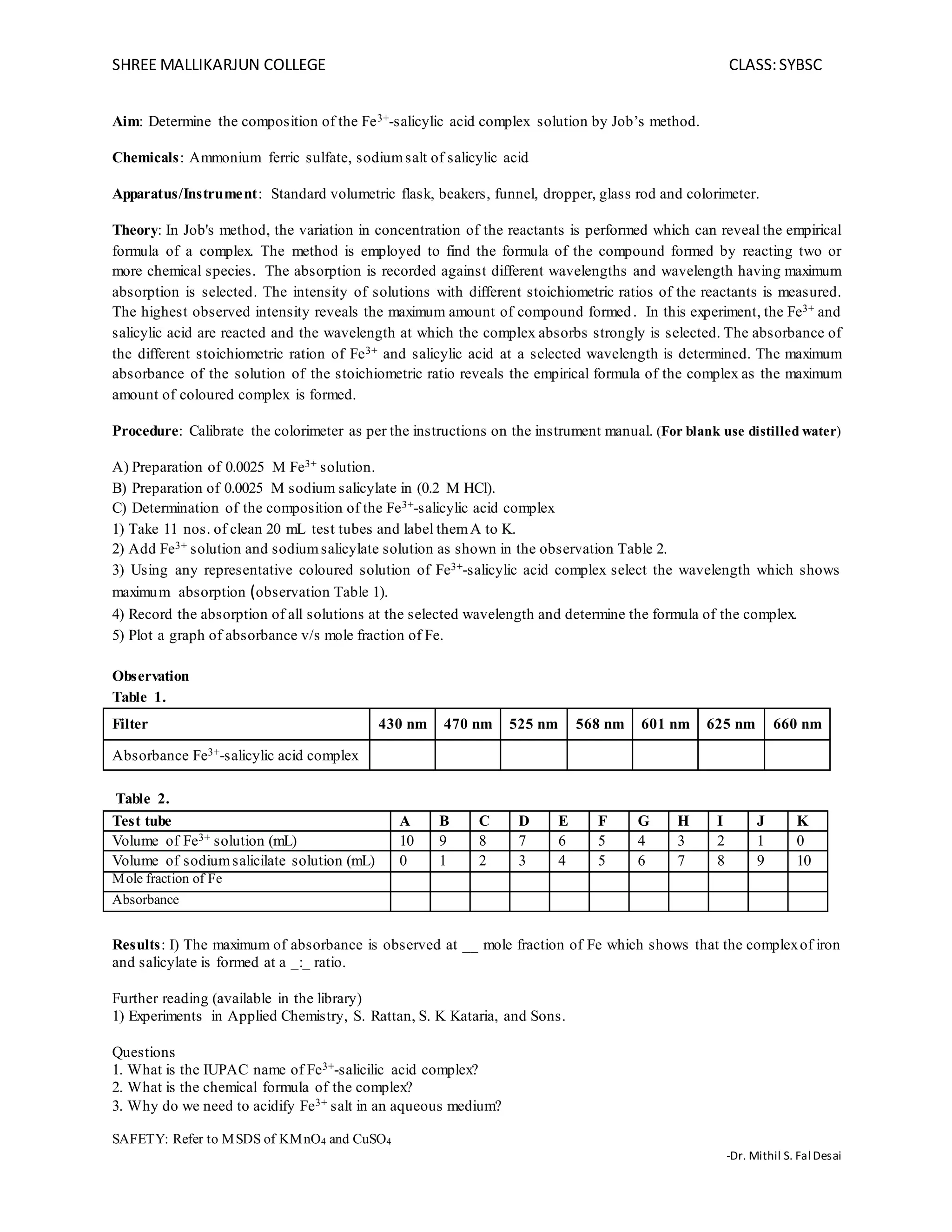 Determine the composition of the fe3+(jobs method) | DOCX