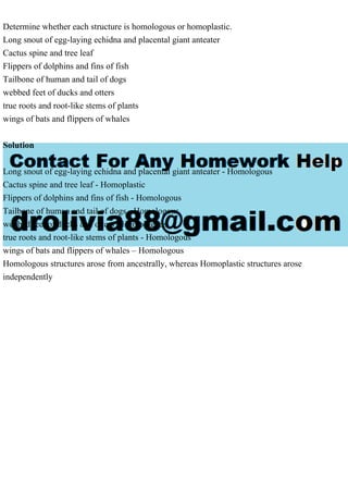 Determine whether each structure is homologous or homoplastic.Long.pdf ...