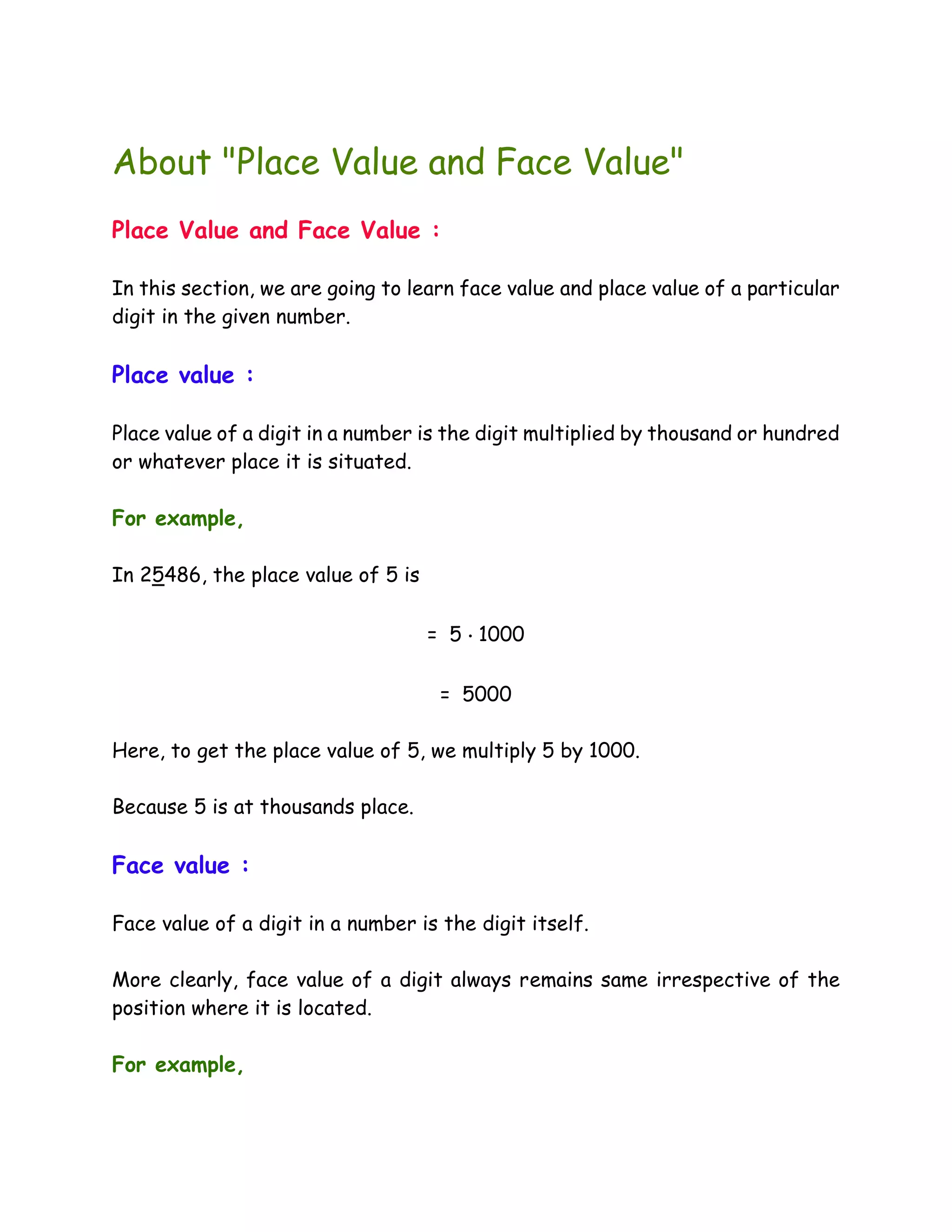 Determining place value, value and face value | PDF
