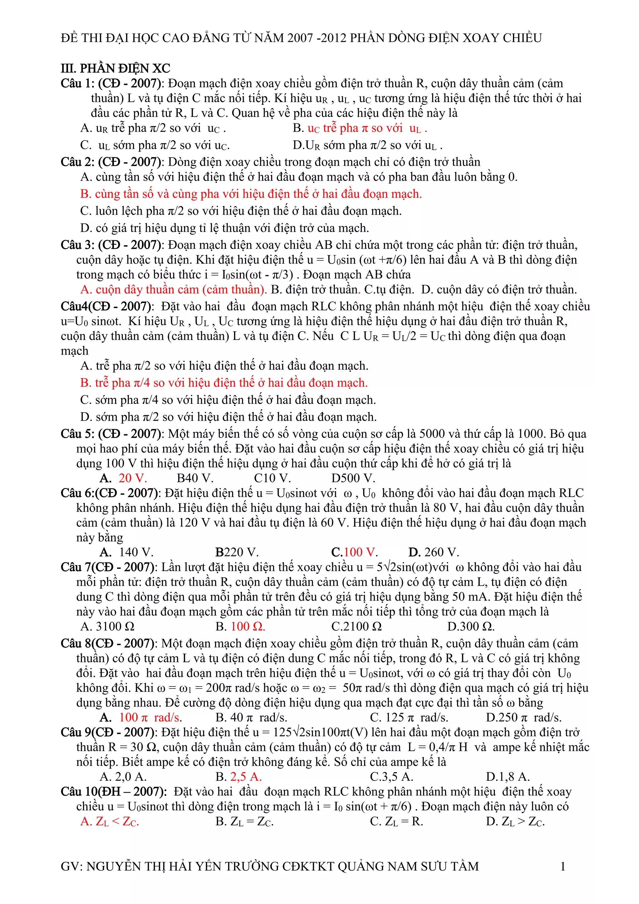 Đề thi đại học 07-12 phần điện xoay chiều | PDF