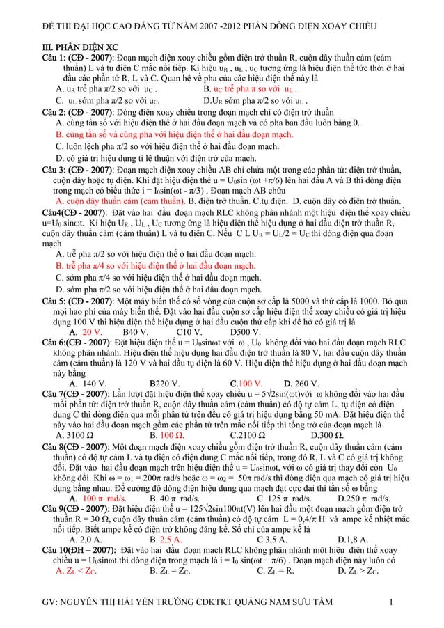 Đề thi đại học 07-12 phần điện xoay chiều | PDF
