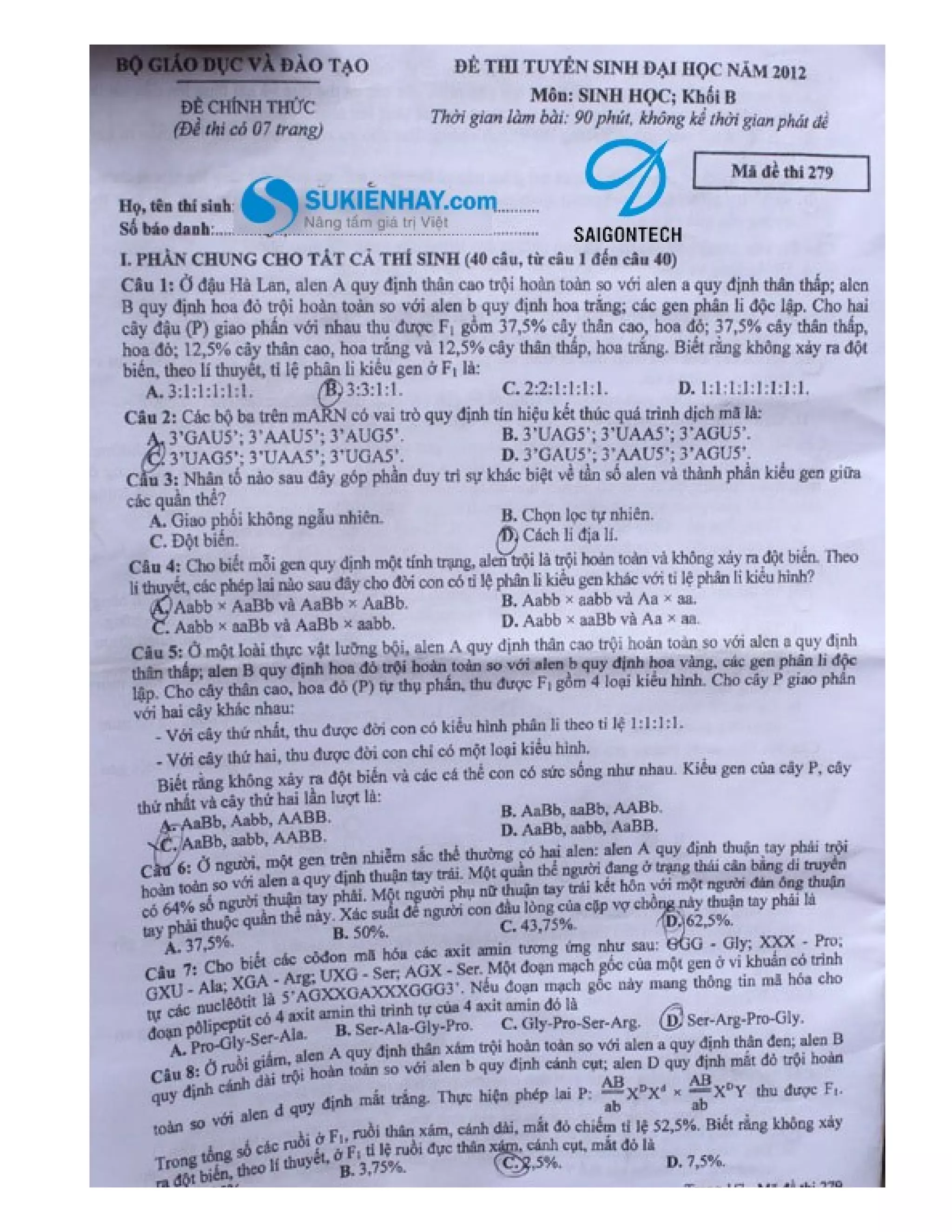 De thi dai hoc mon sinh hoc 2012 khoi b | PDF