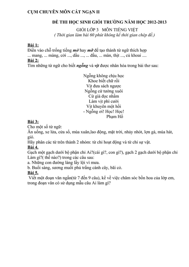 De thi hoc sinh gioi mon tieng viet lop 3 | DOC