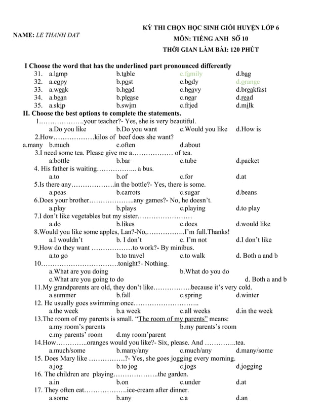 De thi hsg tieng anh 6 | DOC | Food & Drink