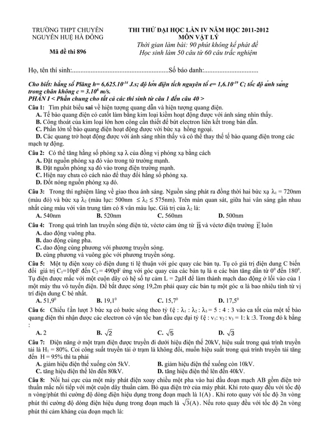 De thi thu vat ly chuyen nguyen hue lan 4 2012 | PDF