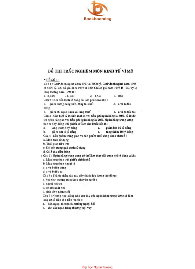 Đề thi trắc nghiệm Kinh Tế Vĩ Mô 1 ĐH Ngoại Thương - Tham khảo | PDF