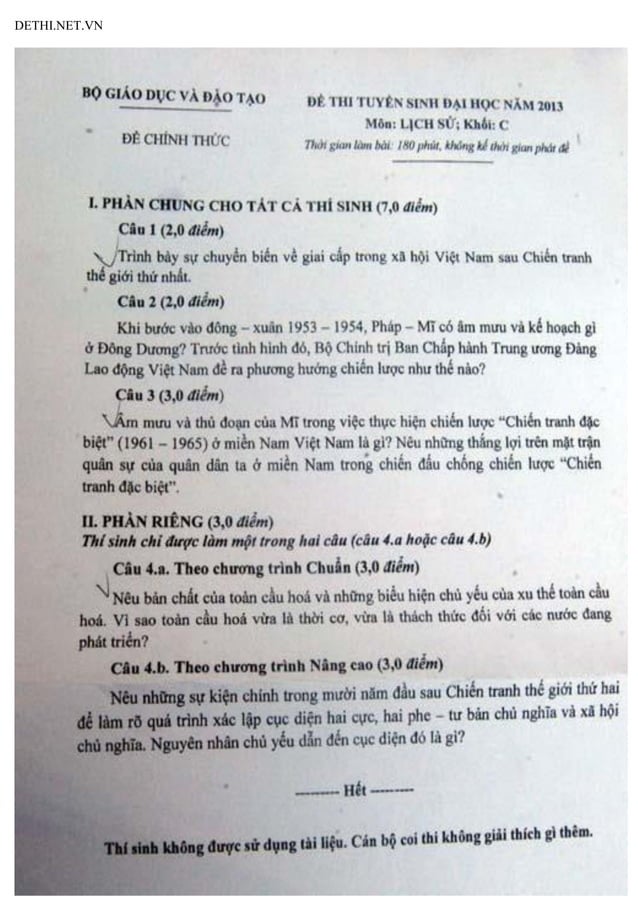 De thi va dap an mon lich su khoi c nam 2013 | PDF