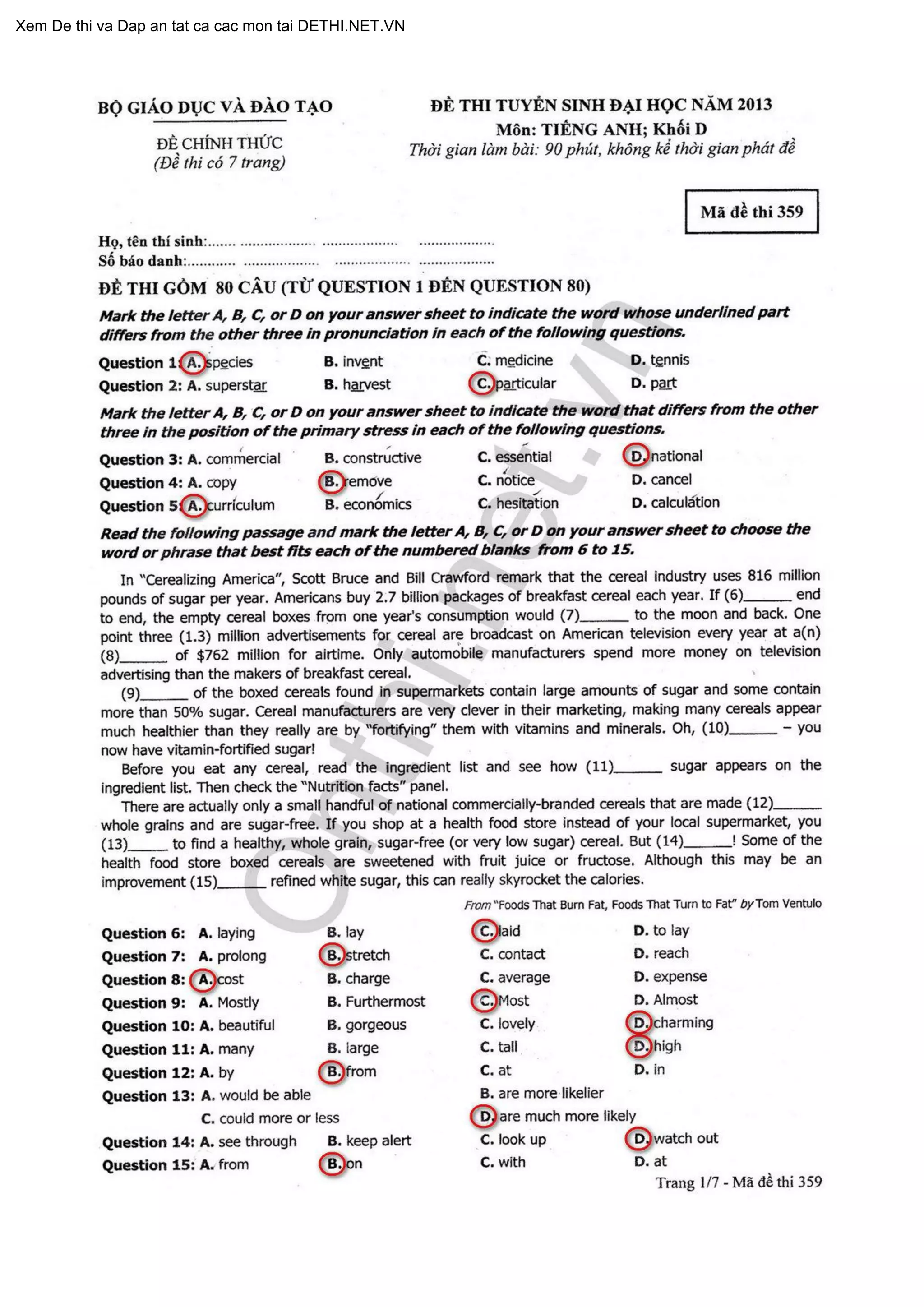 De thi va dap an mon tieng anh khoi d 2013 | PDF