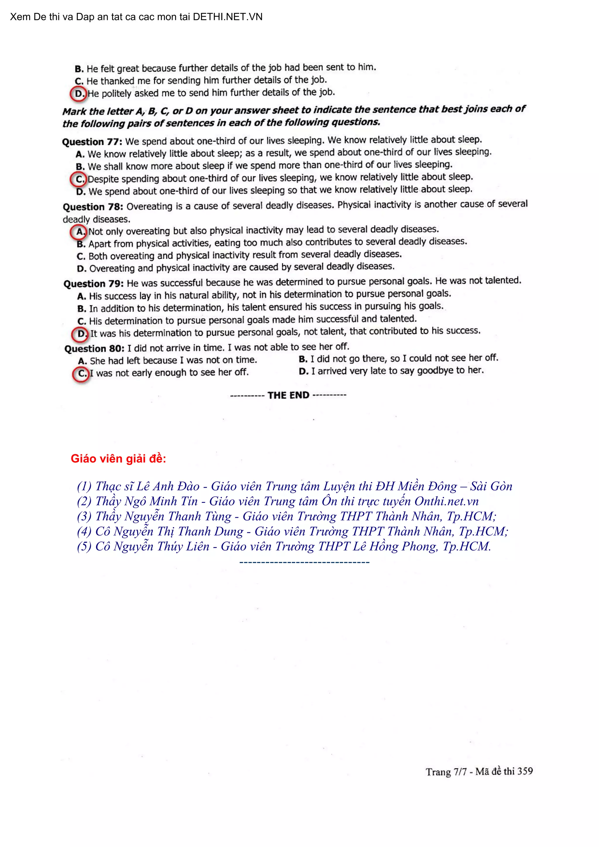 De thi va dap an mon tieng anh khoi d 2013 | PDF