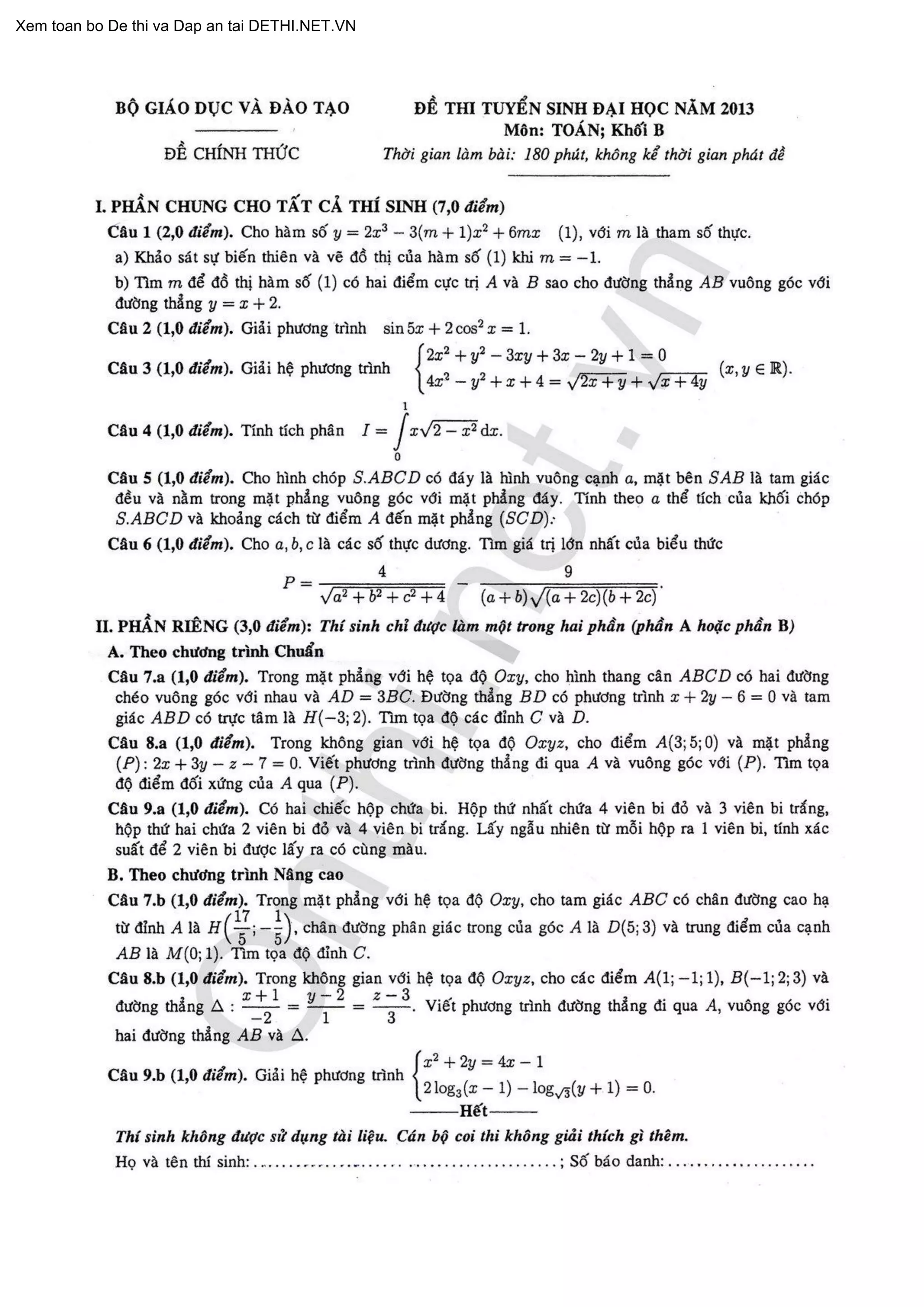 De thi va dap an mon toan khoi b 2013 | PDF