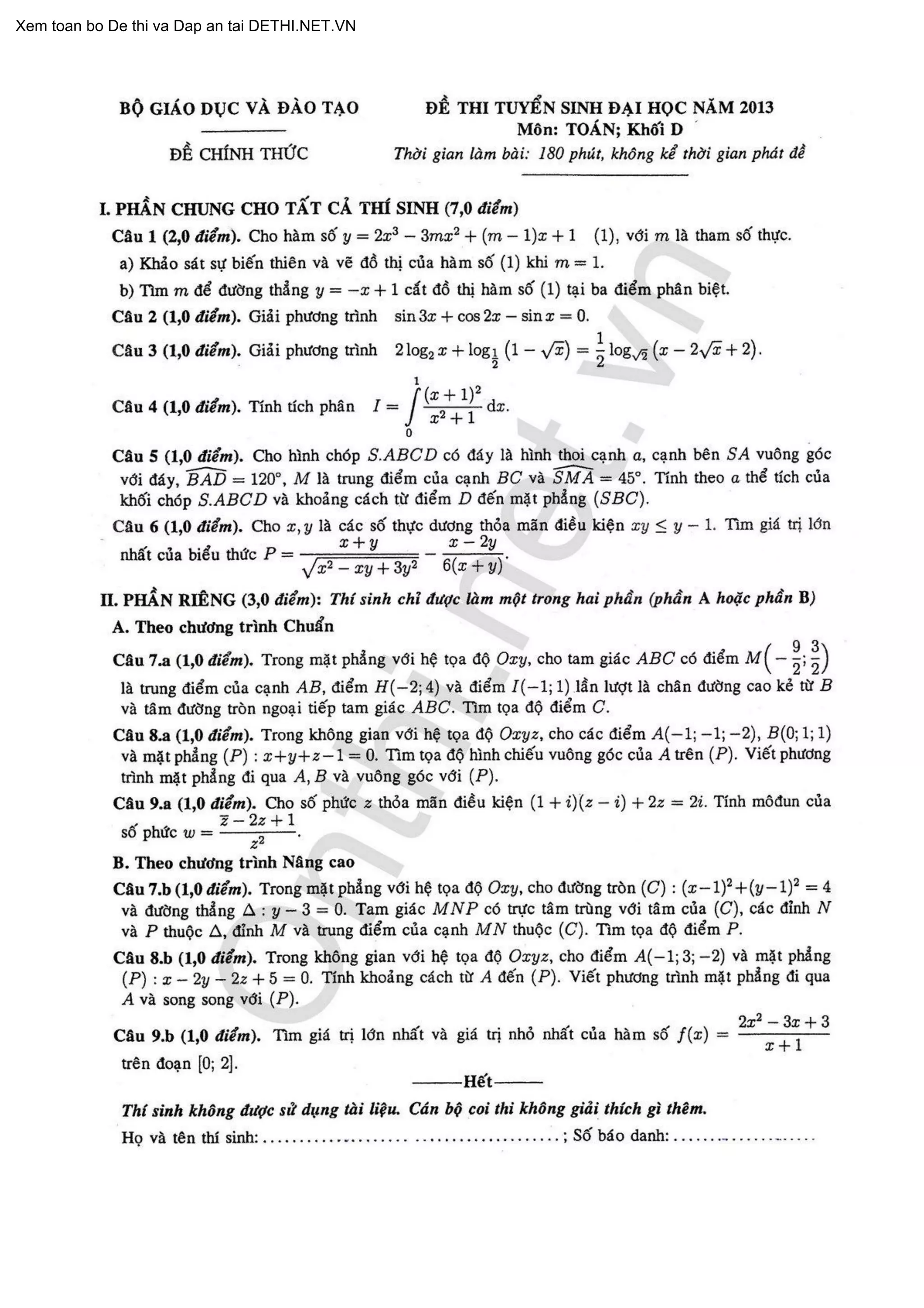 De thi va dap an mon toan khoi d 2013 | PDF
