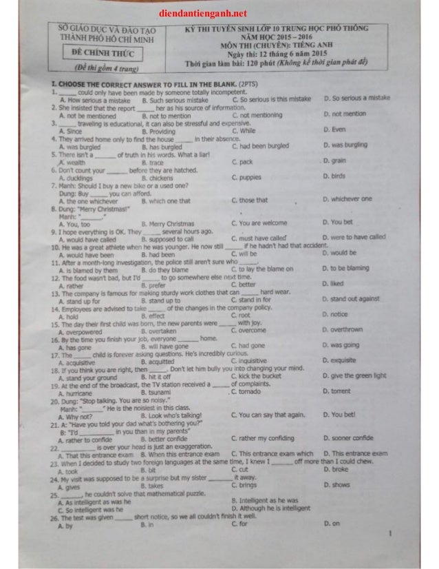 Đề thi vào lớp 10 chuyen anh TP.HCM năm 2015