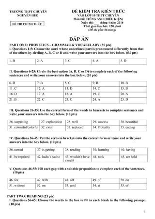 De thi vao lop 10 thpt chuyen nguyen hue ha noi 2016 | PDF