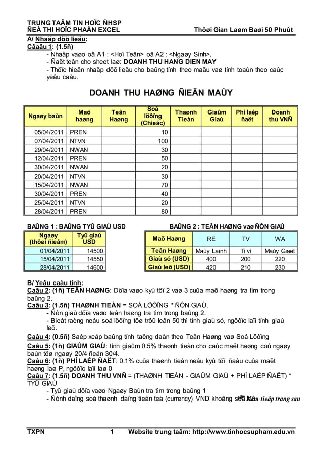 De thuc hanh excel so 4 | PDF