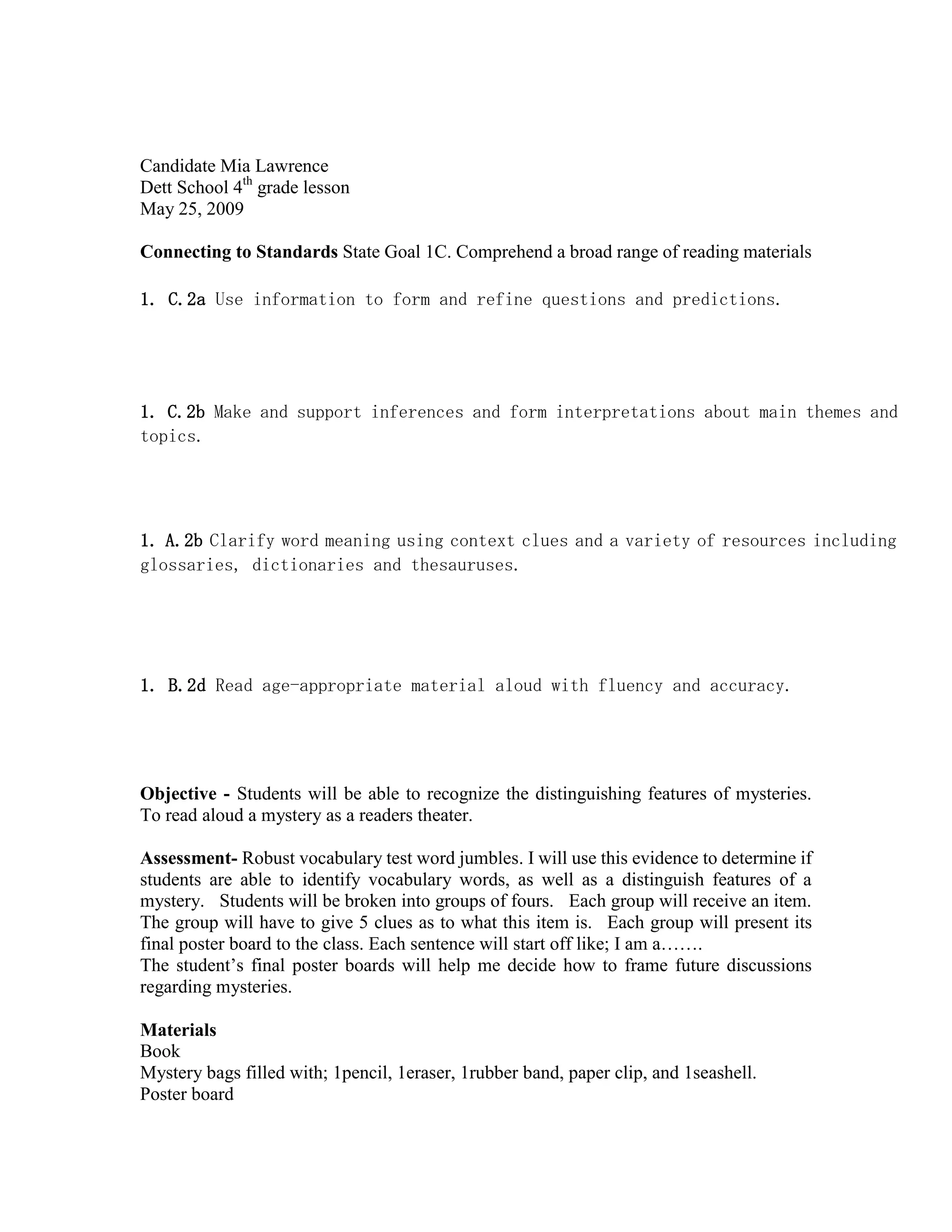 Dett School Reading Lesson | DOCX