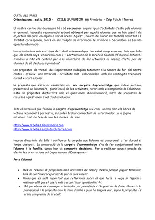 Deures estiu carta pares-6è-2014-15 | DOC