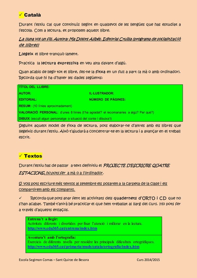 Deures estiu 3r 14 15 | PDF