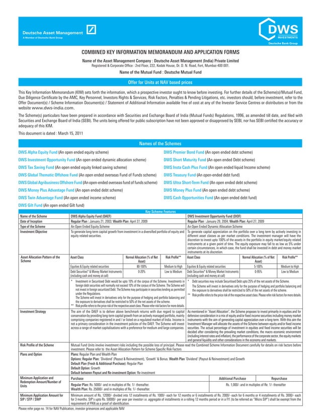 Deutsche dws mutual fund common application form with kim | PDF