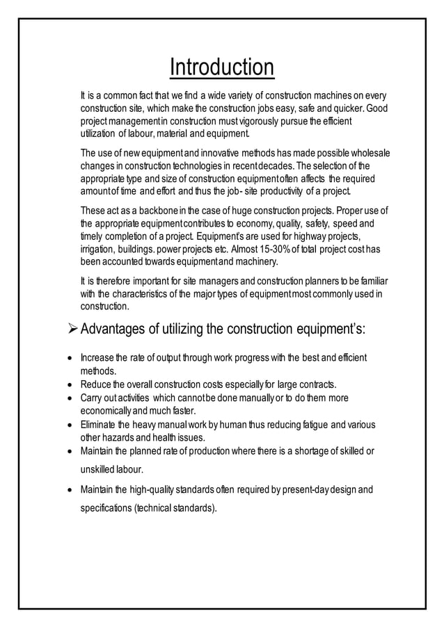 Advance Construction equipment's reports | DOCX | Construction Industry ...
