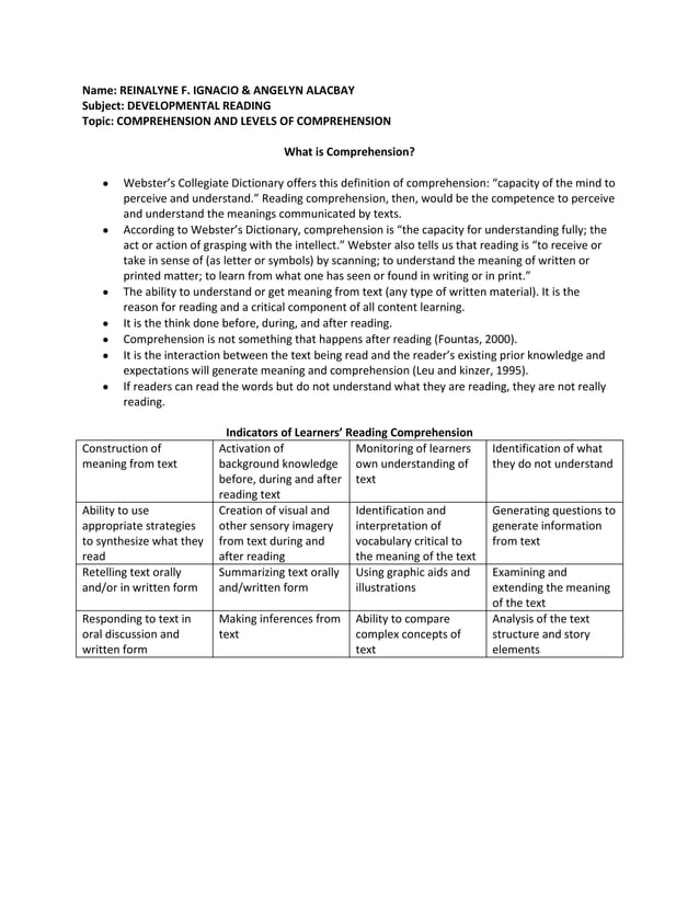comprehension and levels of comprehension | DOCX | Education