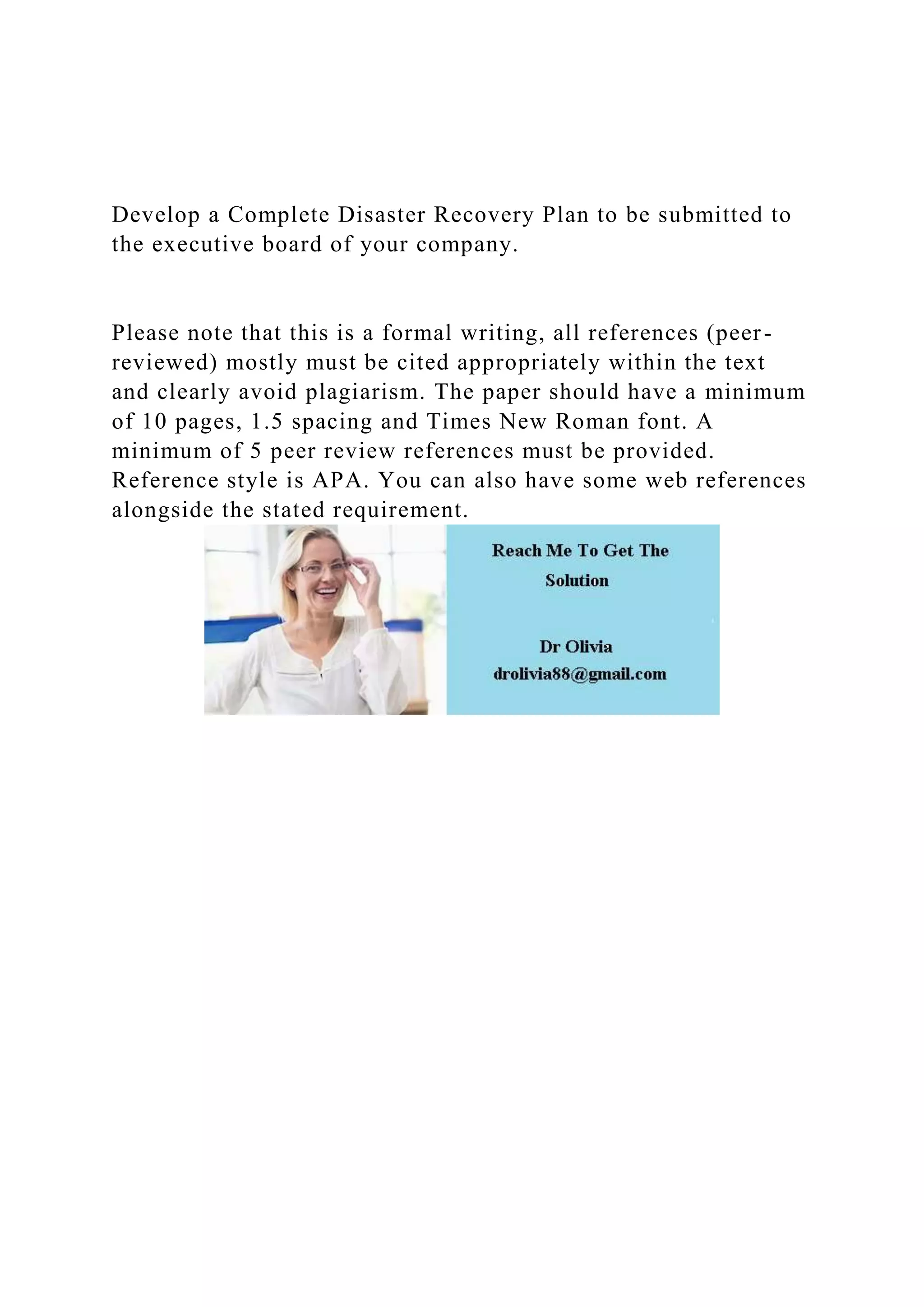 Develop a Complete Disaster Recovery Plan to be submitted to the | DOCX