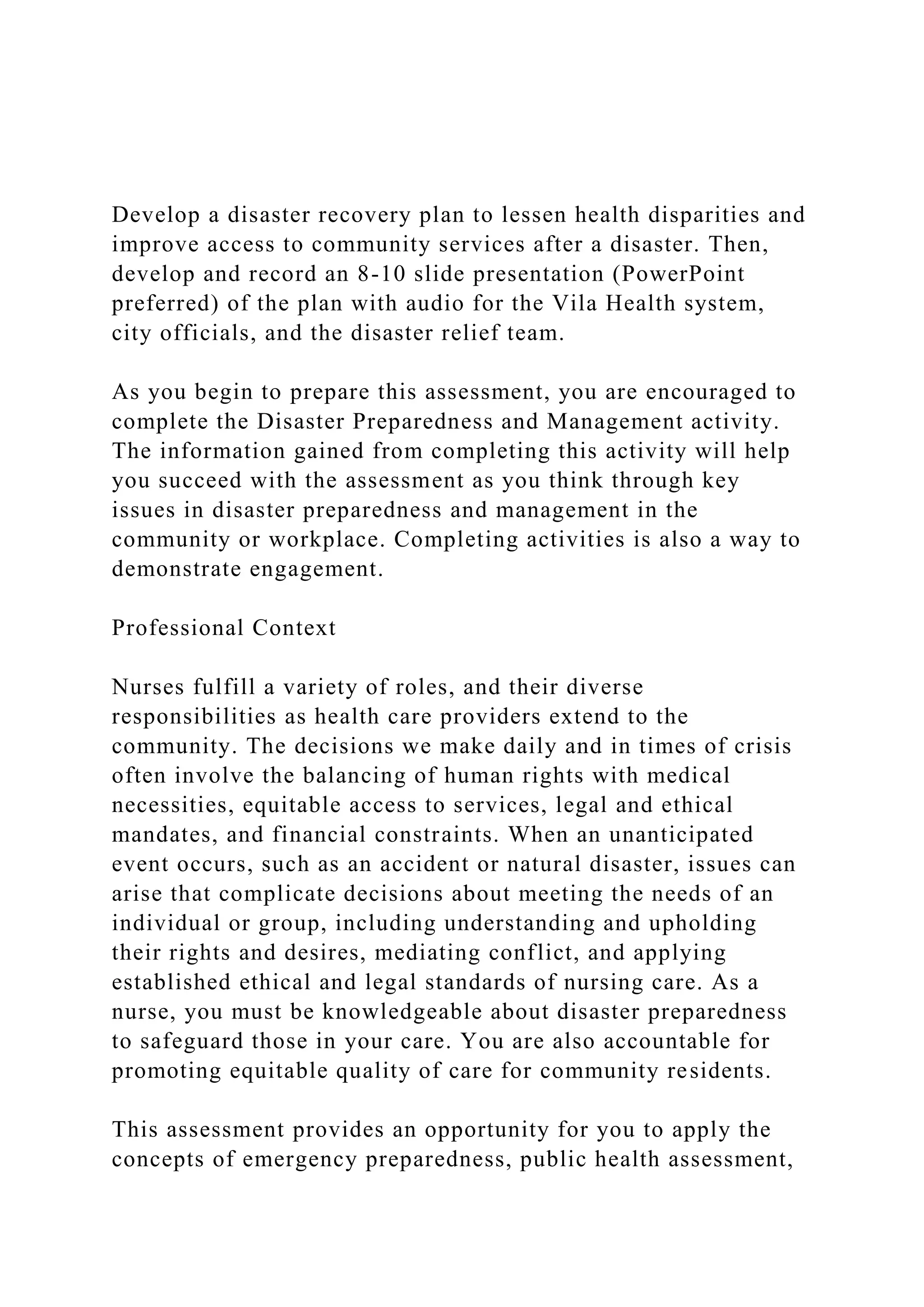 Develop a disaster recovery plan to lessen health disparities an.docx
