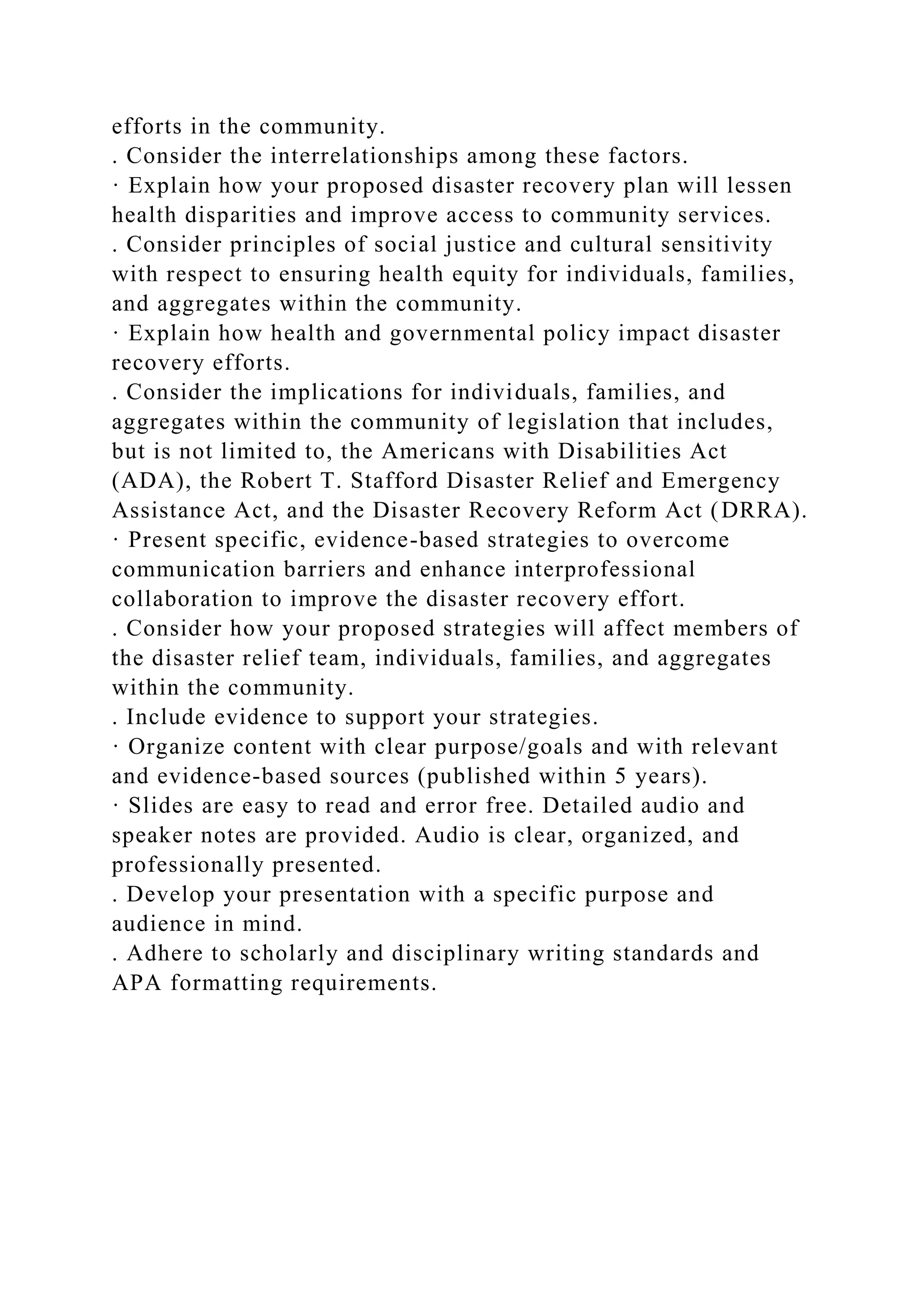 Develop a disaster recovery plan to lessen health disparities and .docx