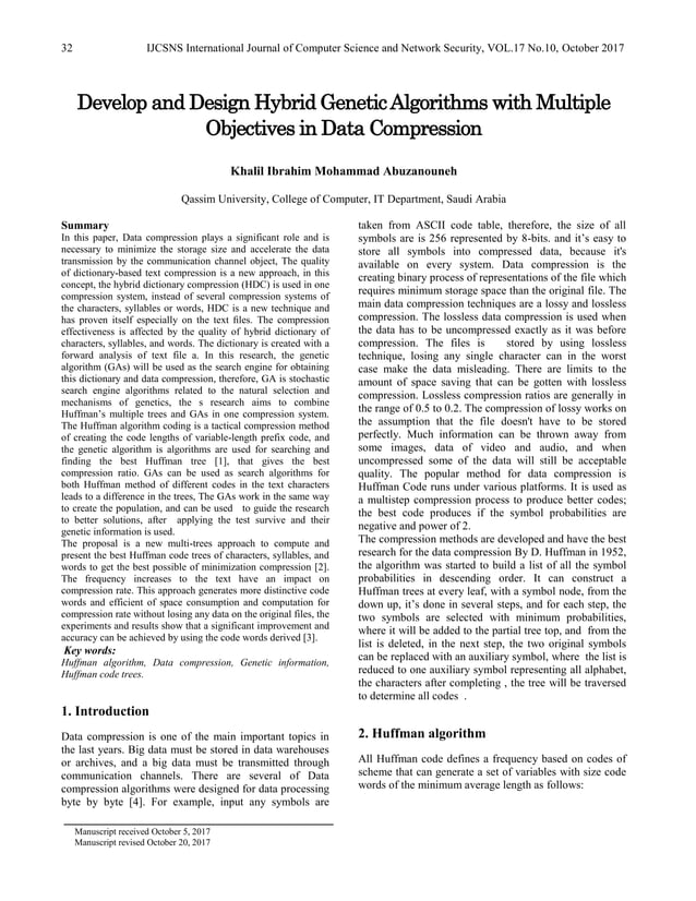Develop and design hybrid genetic algorithms with multiple objectives in data compression | PDF