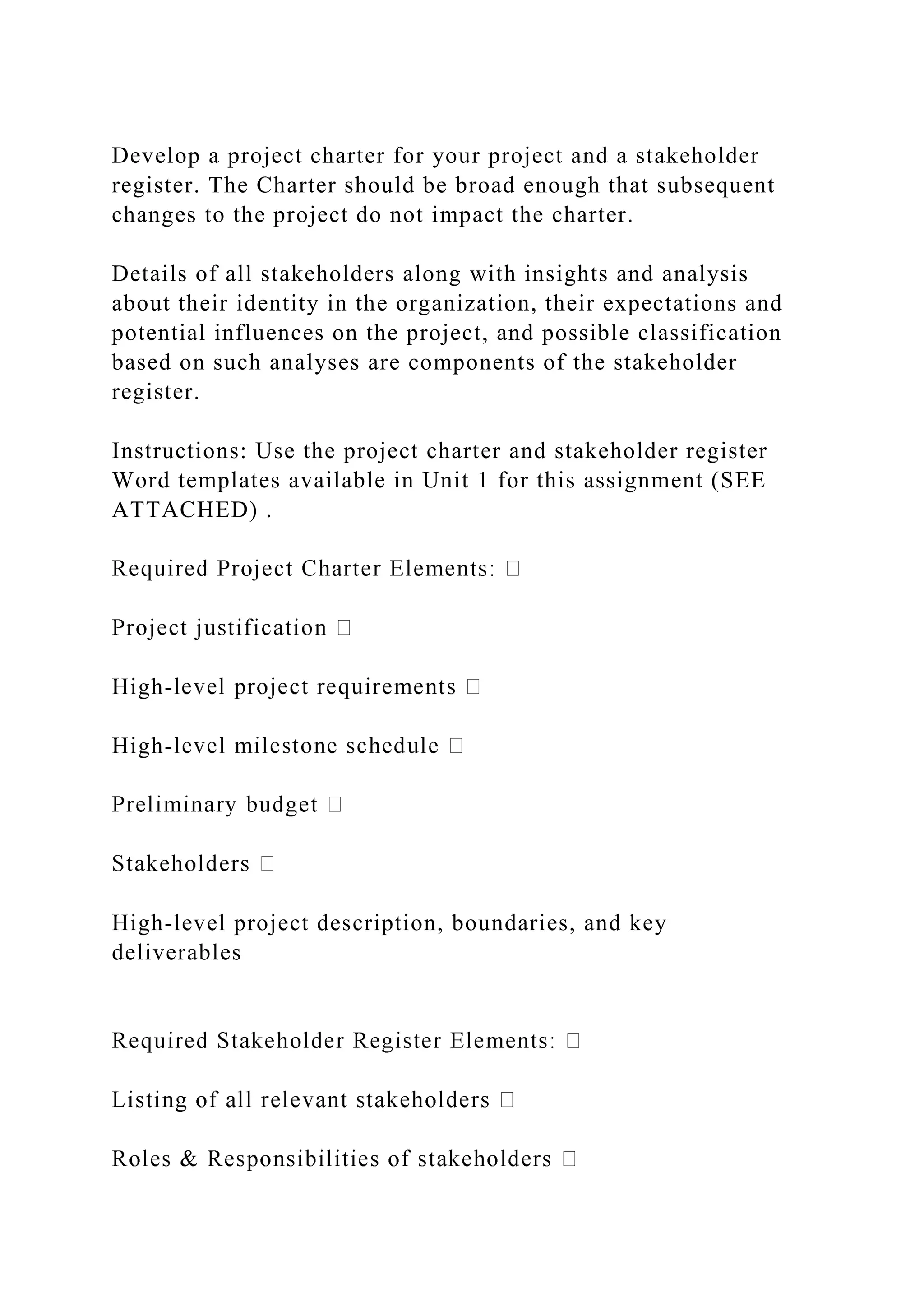 Develop a project charter for your project and a stakeholder registe.docx