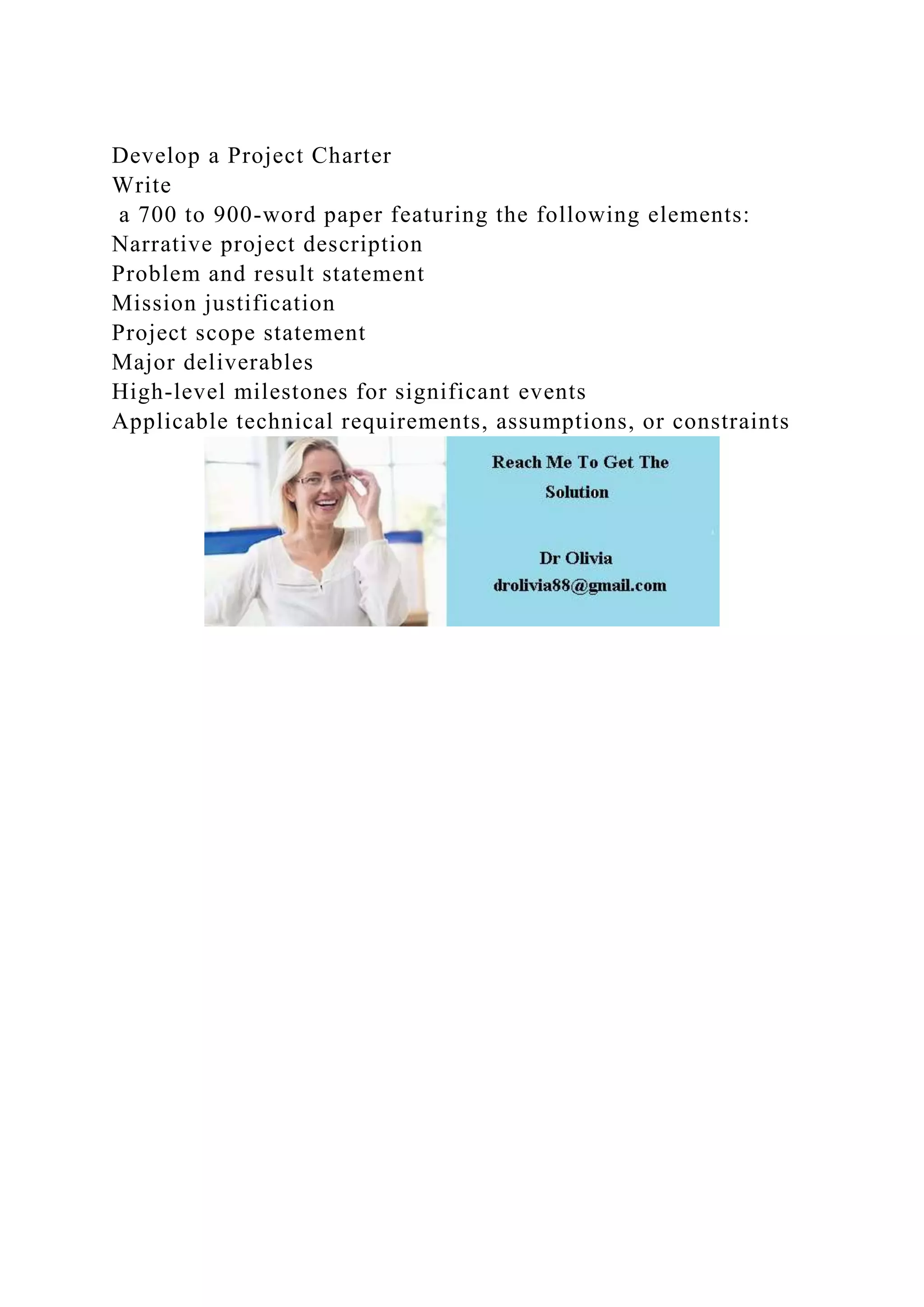 Develop a Project Charter Write a 700 to 900-word paper featurin.docx