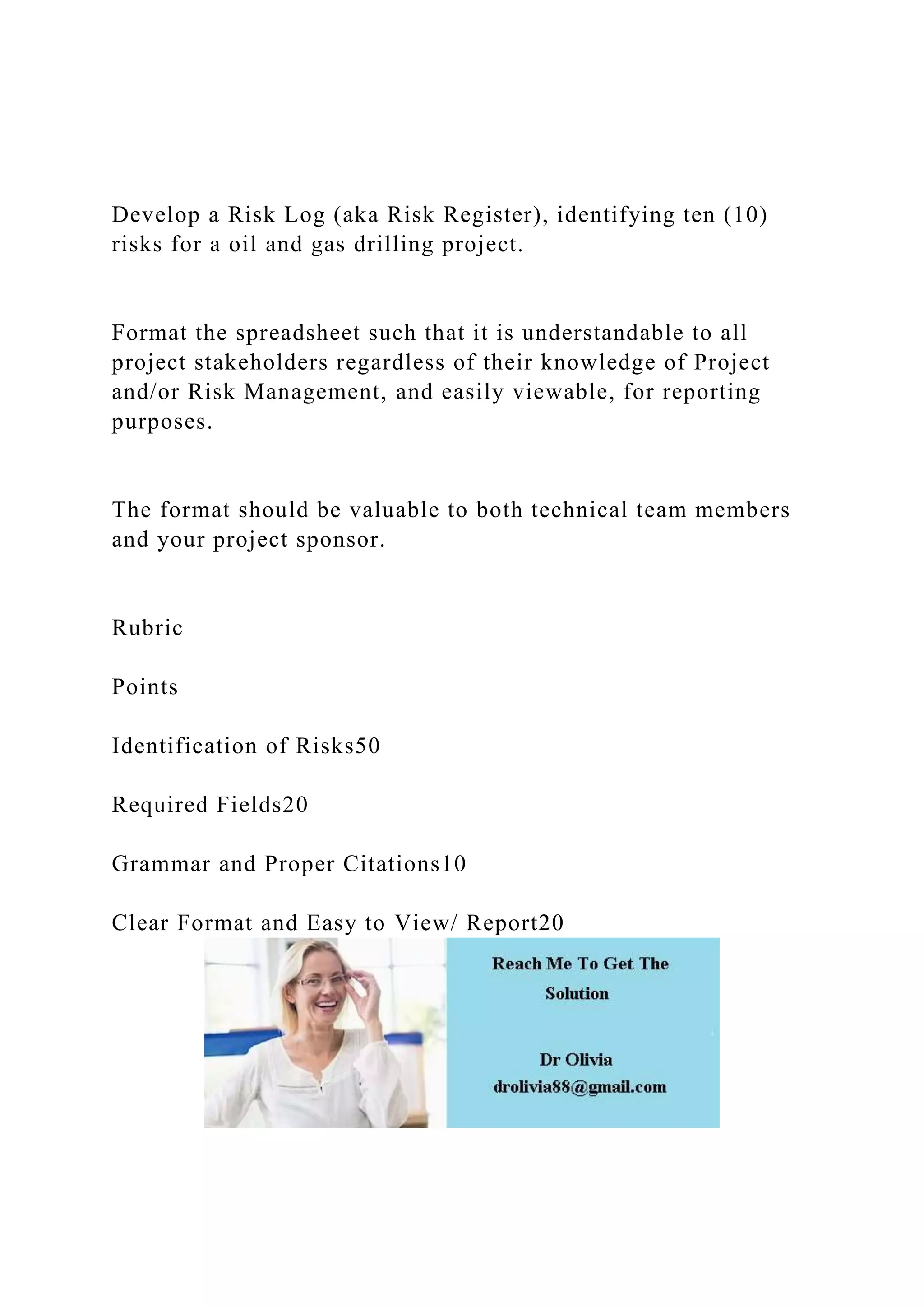 Develop a Risk Log (aka Risk Register), identifying ten (10) ris.docx