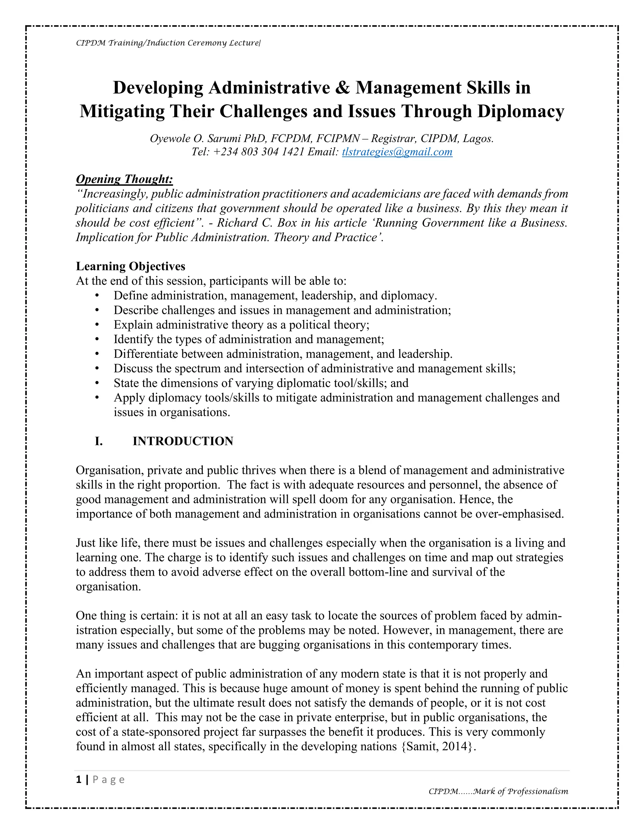 Developing Administrative & Management Skills in Mitigating their ...