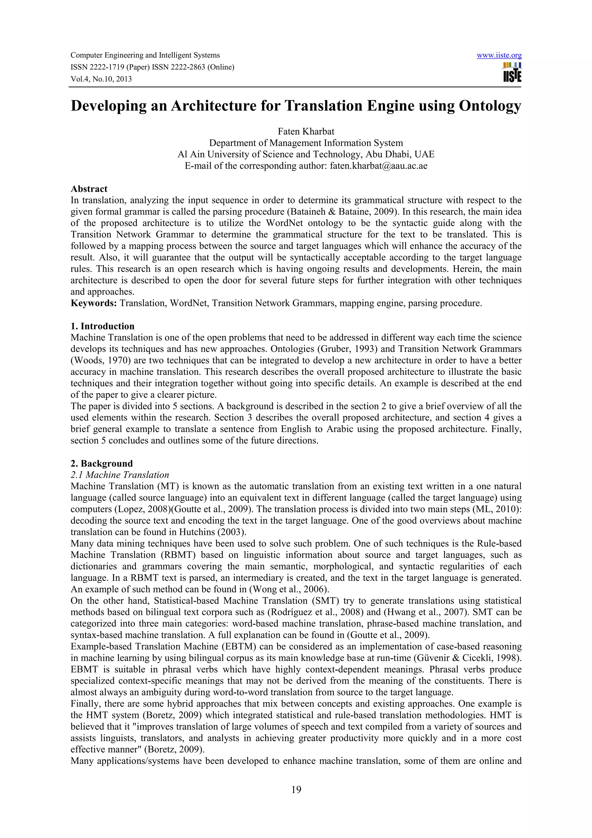 Developing an architecture for translation engine using ontology | PDF