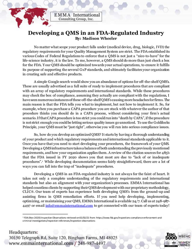 Developing a QMS in an FDA-Regulated Industry | PDF
