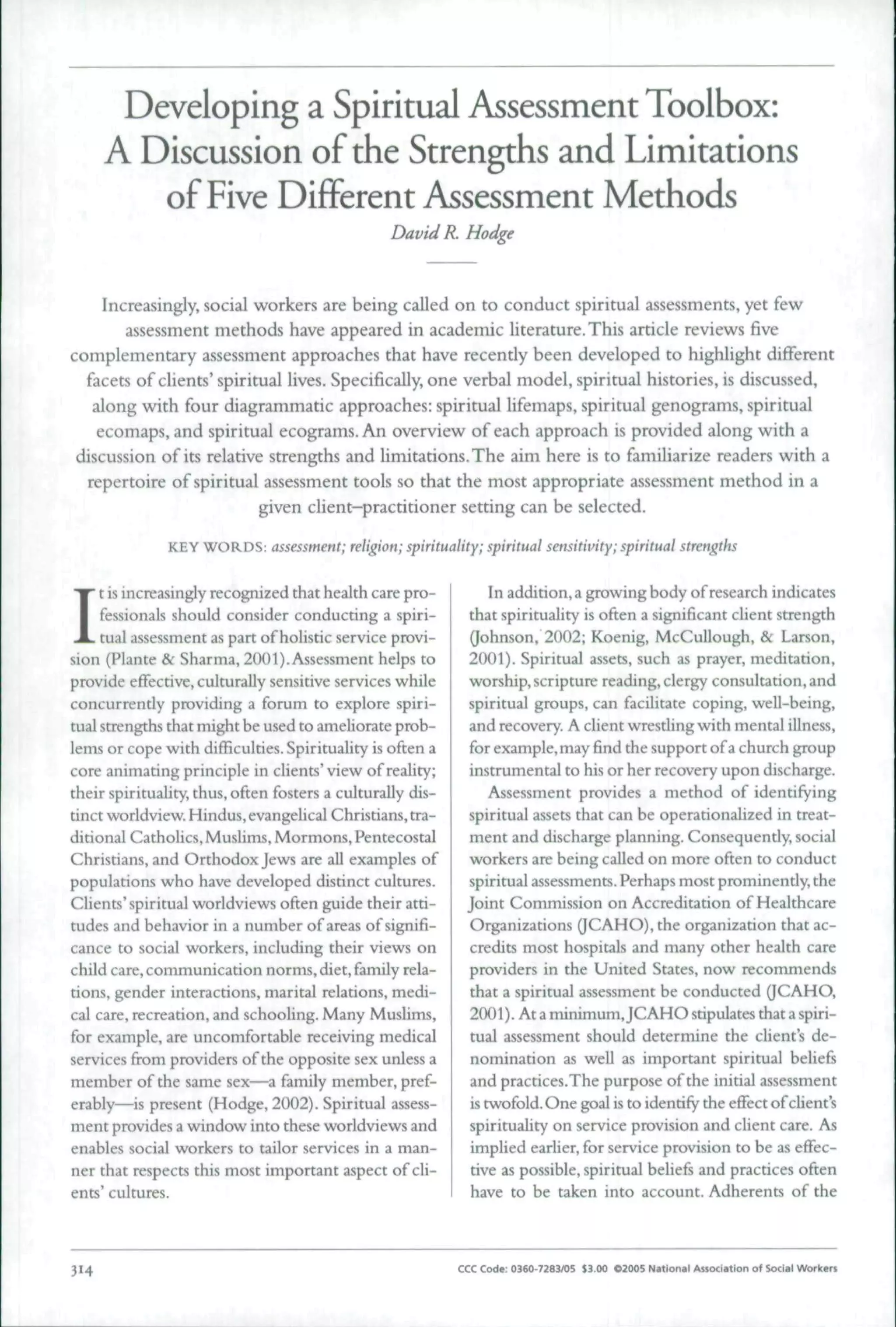 Developing a Spiritual Assessment Toolbox | PDF