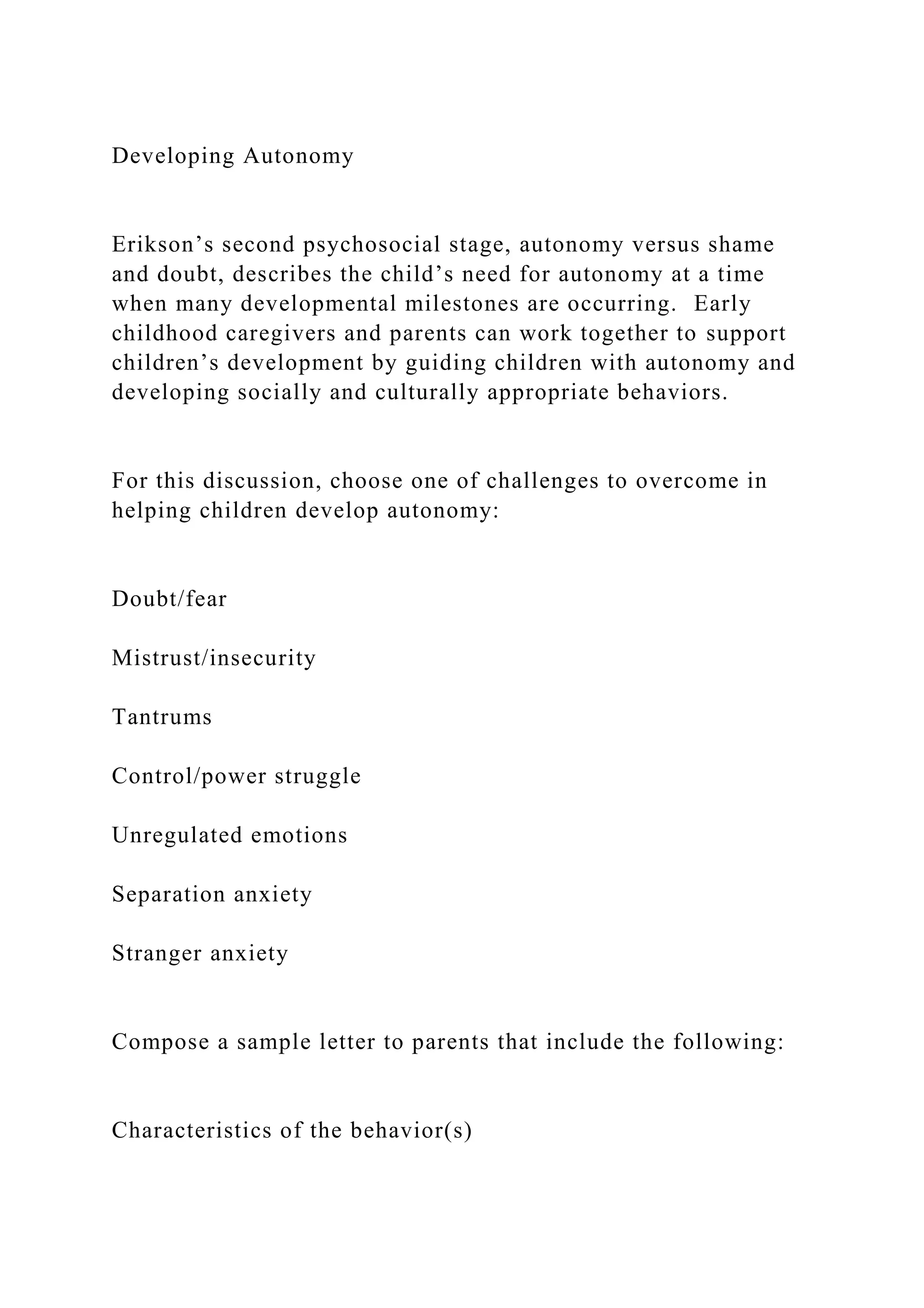 Developing AutonomyErikson’s second psychosocial stage, autono | DOCX