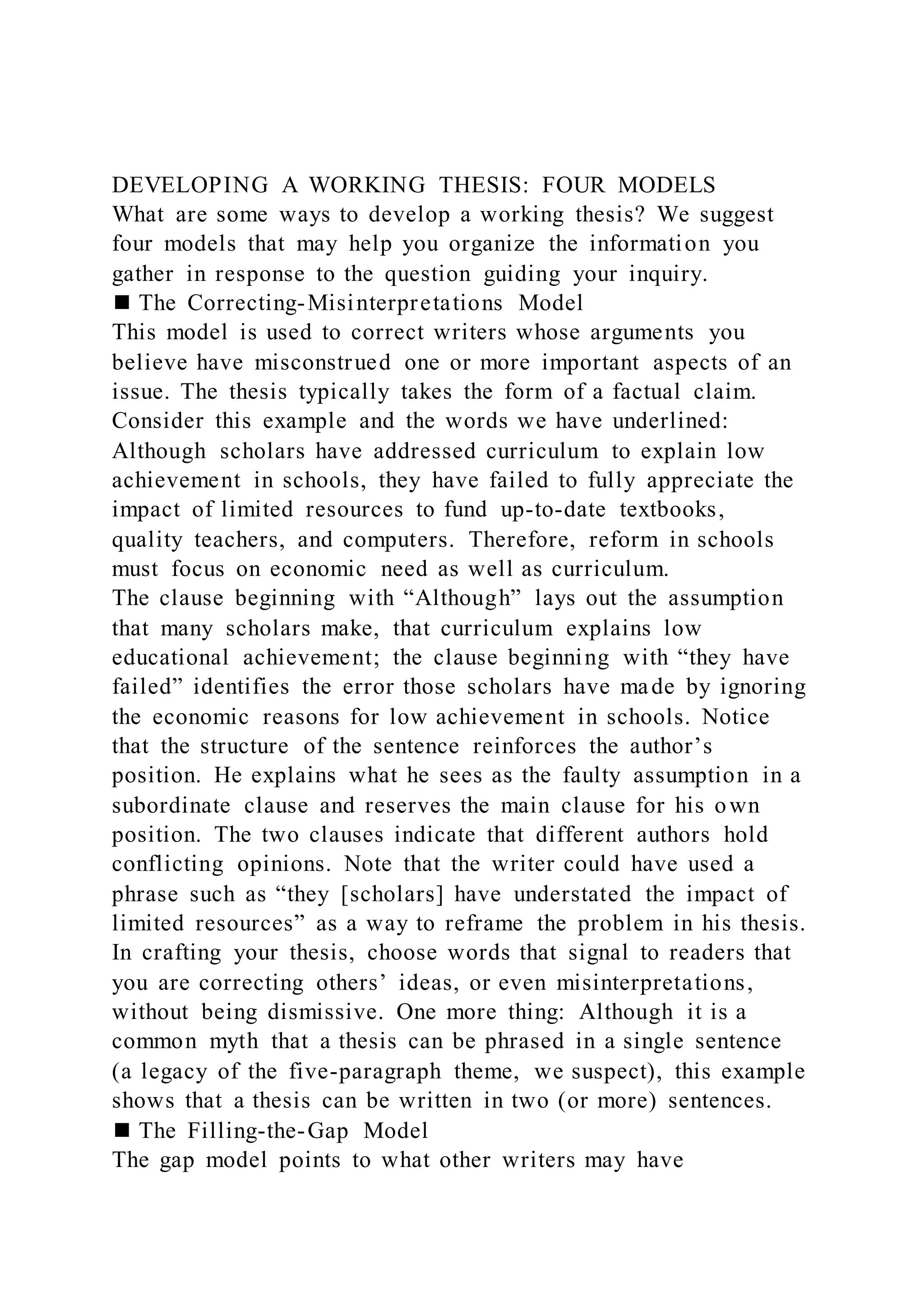 DEVELOPING A WORKING THESIS FOUR MODELSWhat are some ways to de | DOCX