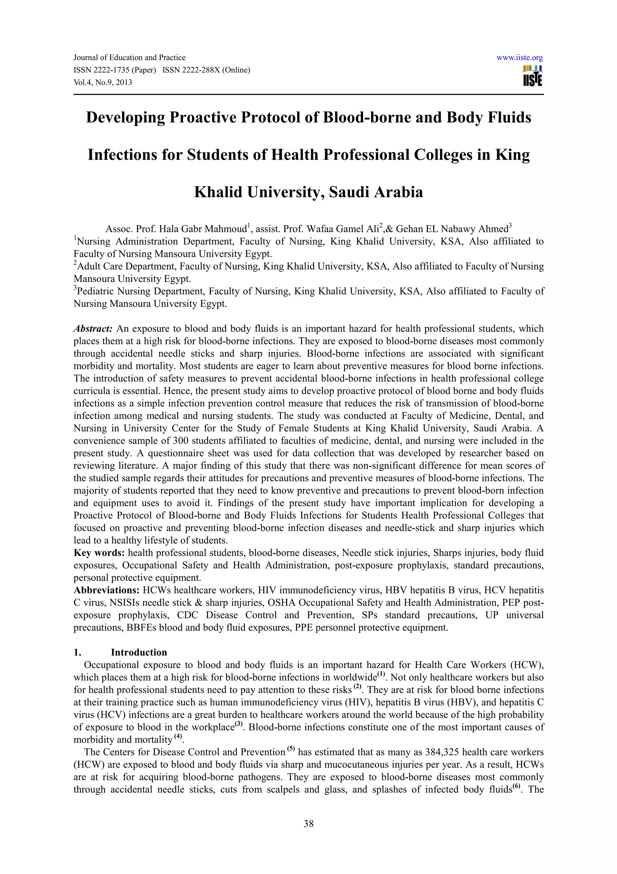 Developing proactive protocol of blood borne and body fluids infections ...