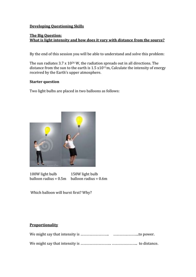 Developing questioning skills light intensity | DOCX | Physics | Science