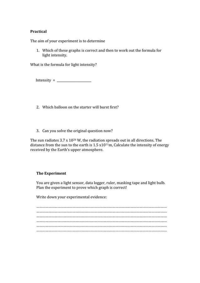 Developing questioning skills light intensity | DOCX | Physics | Science