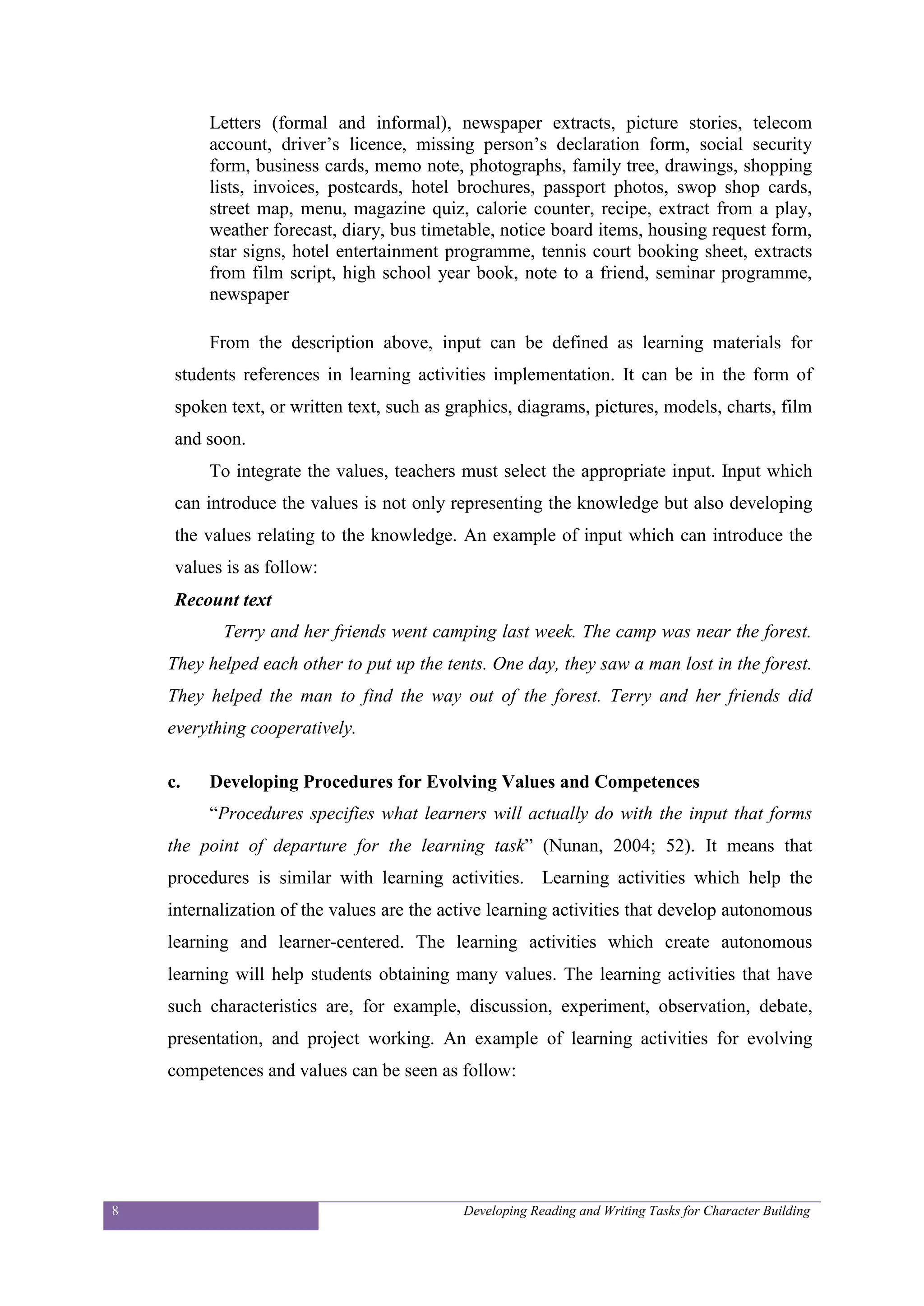 Developing reading and writing tasks for character building | PDF