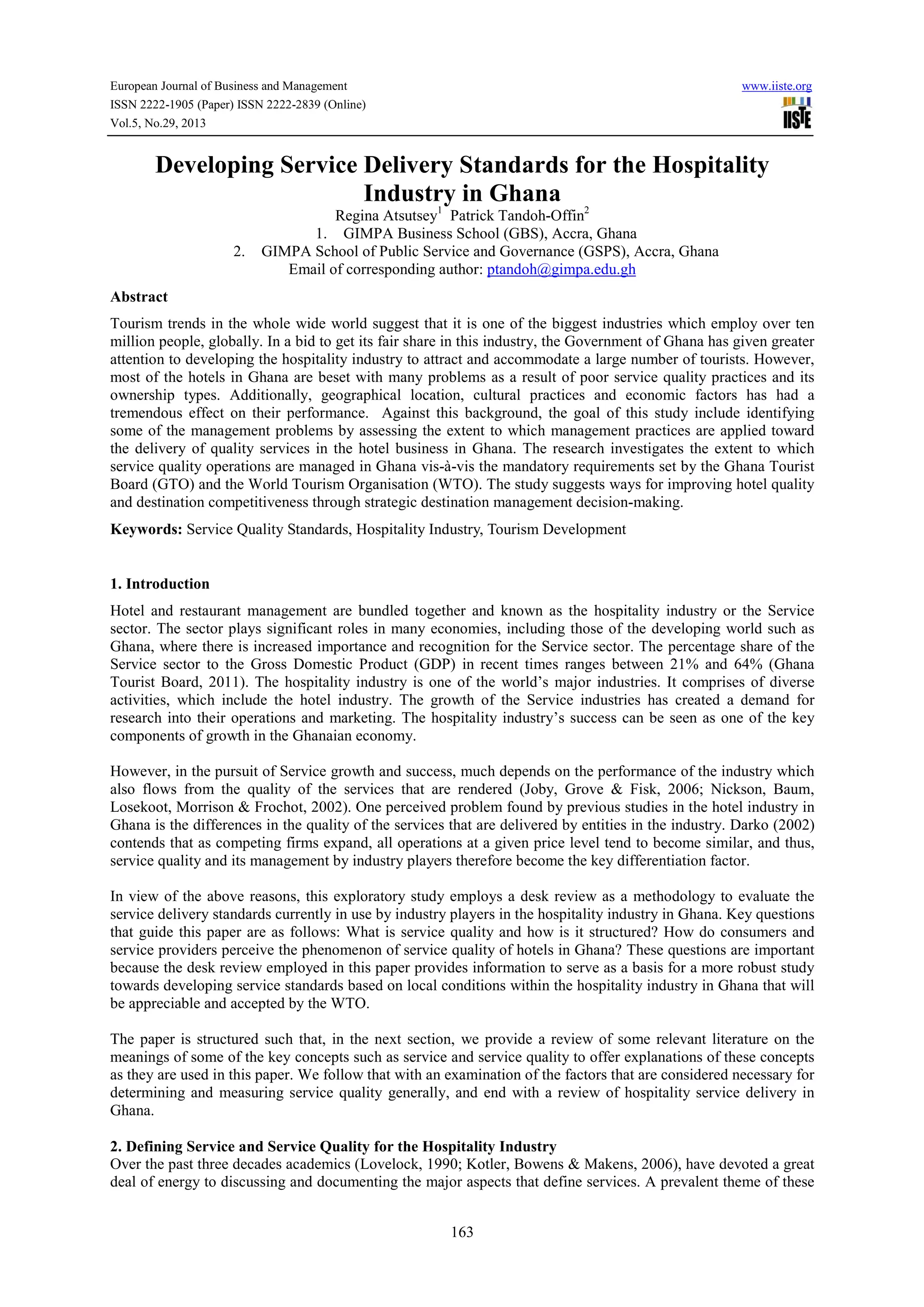 Developing service delivery standards for the hospitality industry in ...