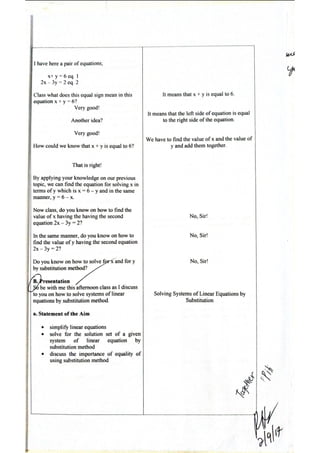 Developmental Method of Lesson Plan on Solving systems of linear ...