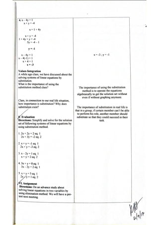 Developmental Method of Lesson Plan on Solving systems of linear ...