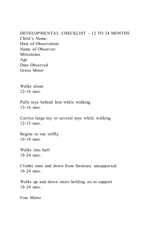 DEVELOPMENTAL CHECKLIST - 12 TO 24 MONTHSChild’s NameDate of | PDF